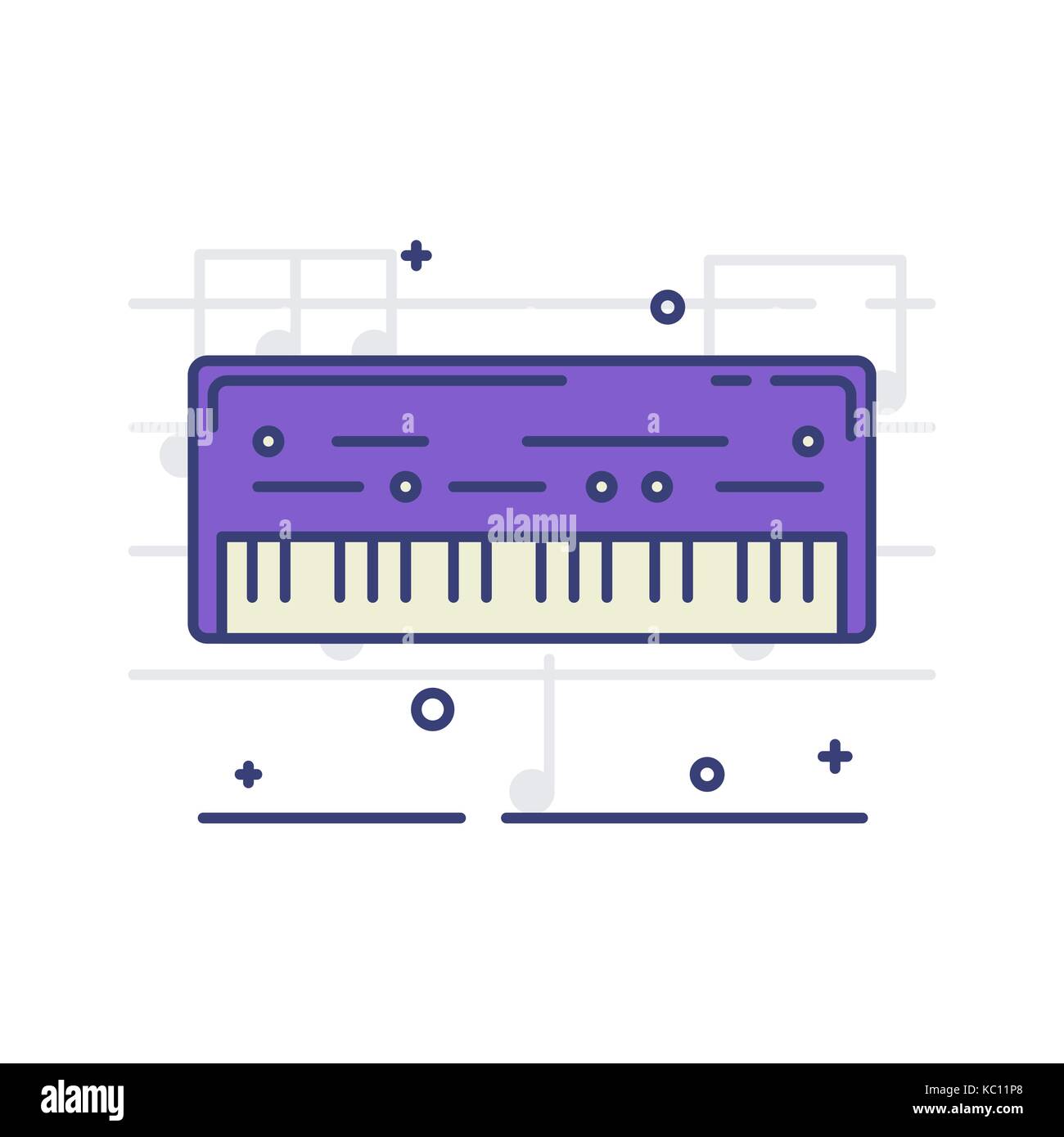 Vector icon of the synthesizer on white background with notes. Musical ...