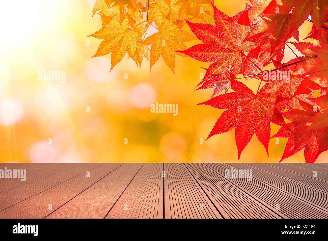 Autumn maple leaves and wooden floor Stock Photo - Alamy
