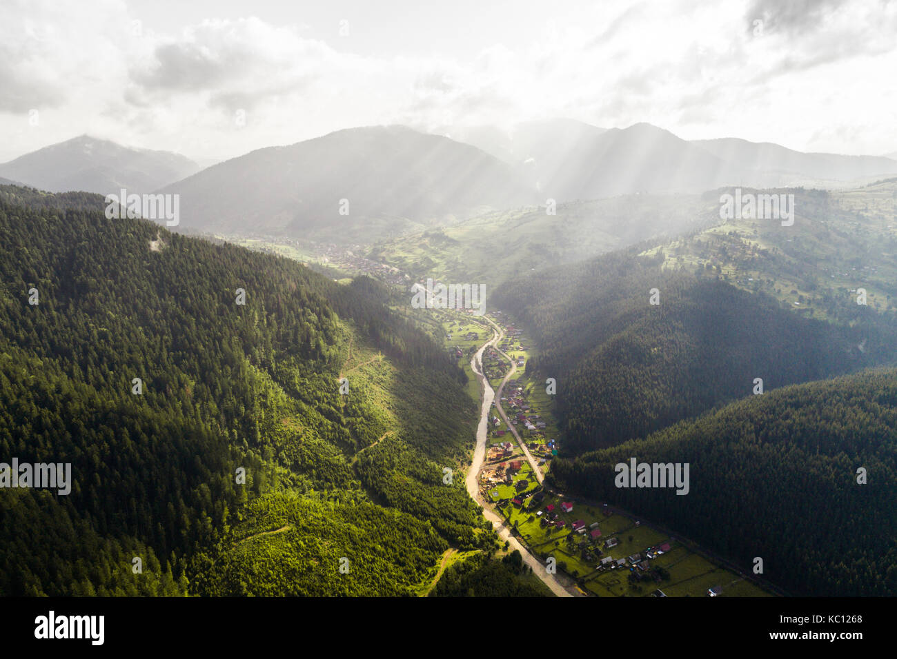 Beautiful panoramic view from the air to the valley with the village in ...