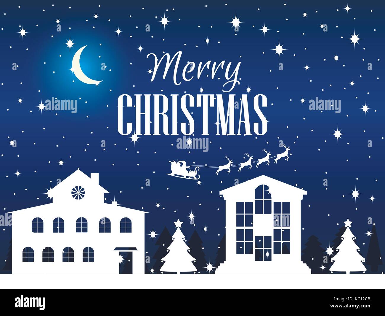 Merry Christmas. Winter landscape with houses, fir trees and snowflakes ...