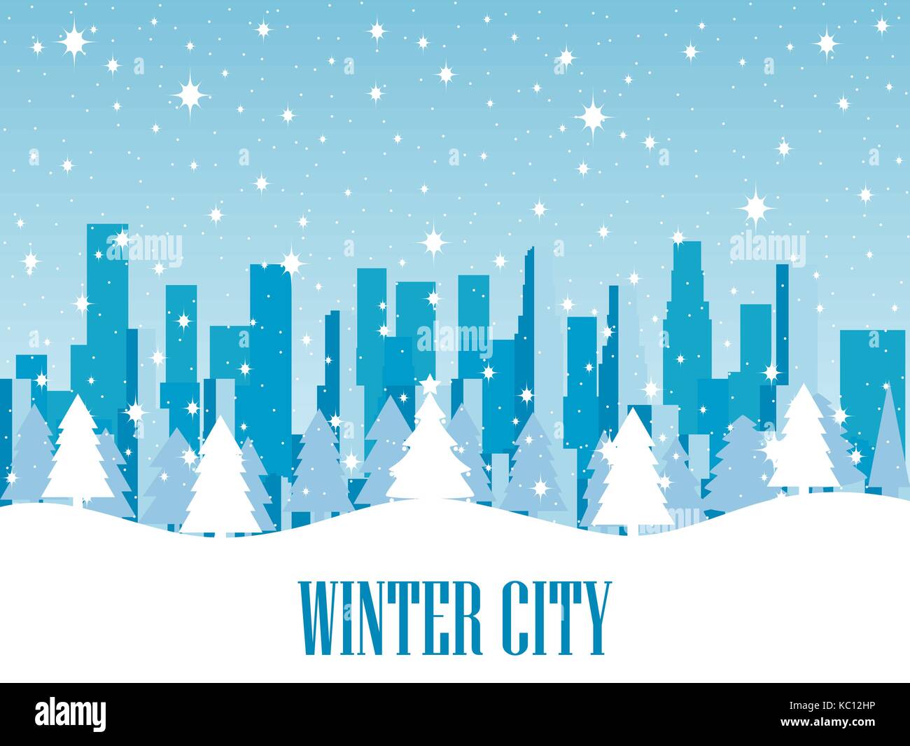Winter city. Snow-covered metropolis with skyscrapers. Vector ...