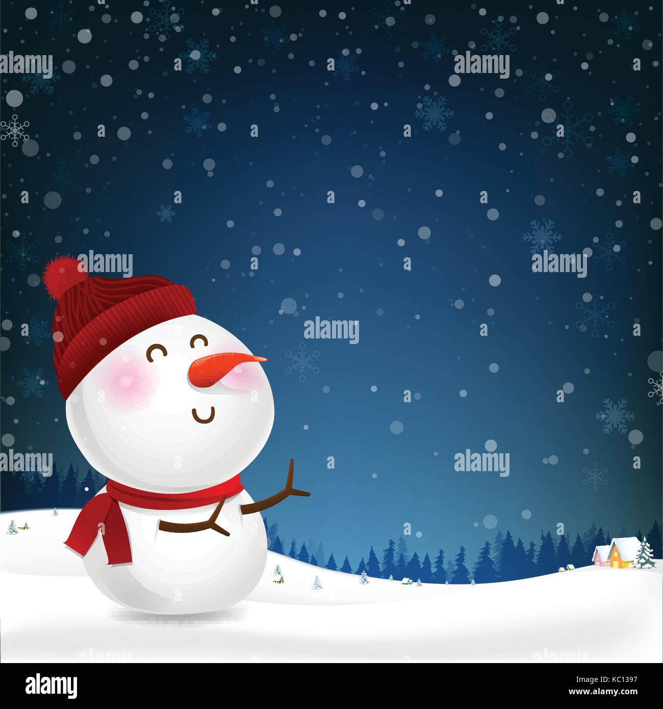 Snowman cartoon smile and blank copy space falling snow in the winter ...