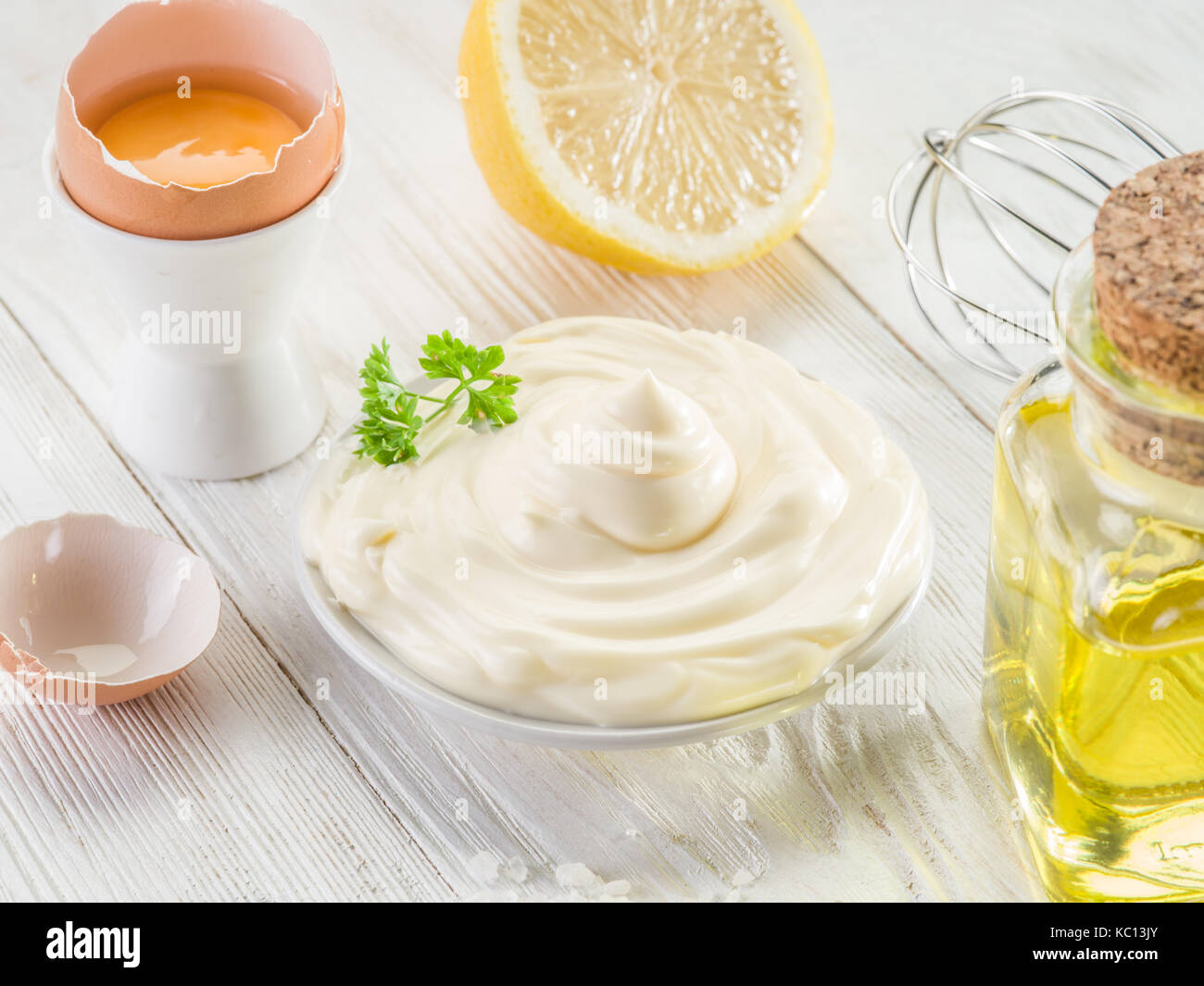 Natural mayonnaise ingredients and the sauce itself Stock Photo - Alamy