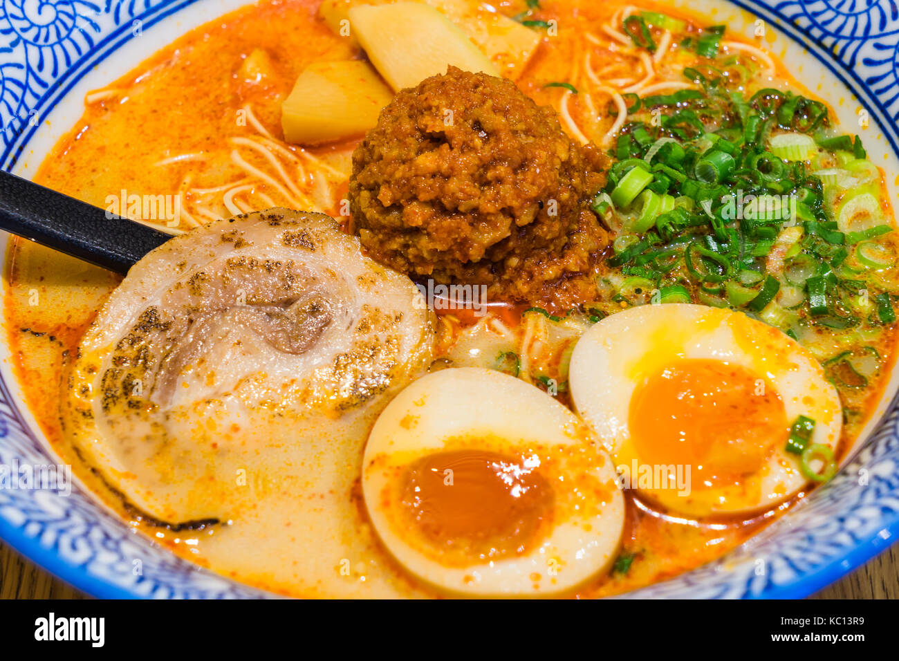 Japanese Tamago spicy Ramen with Cha Shu pork, Menma bamboo shoot and ...