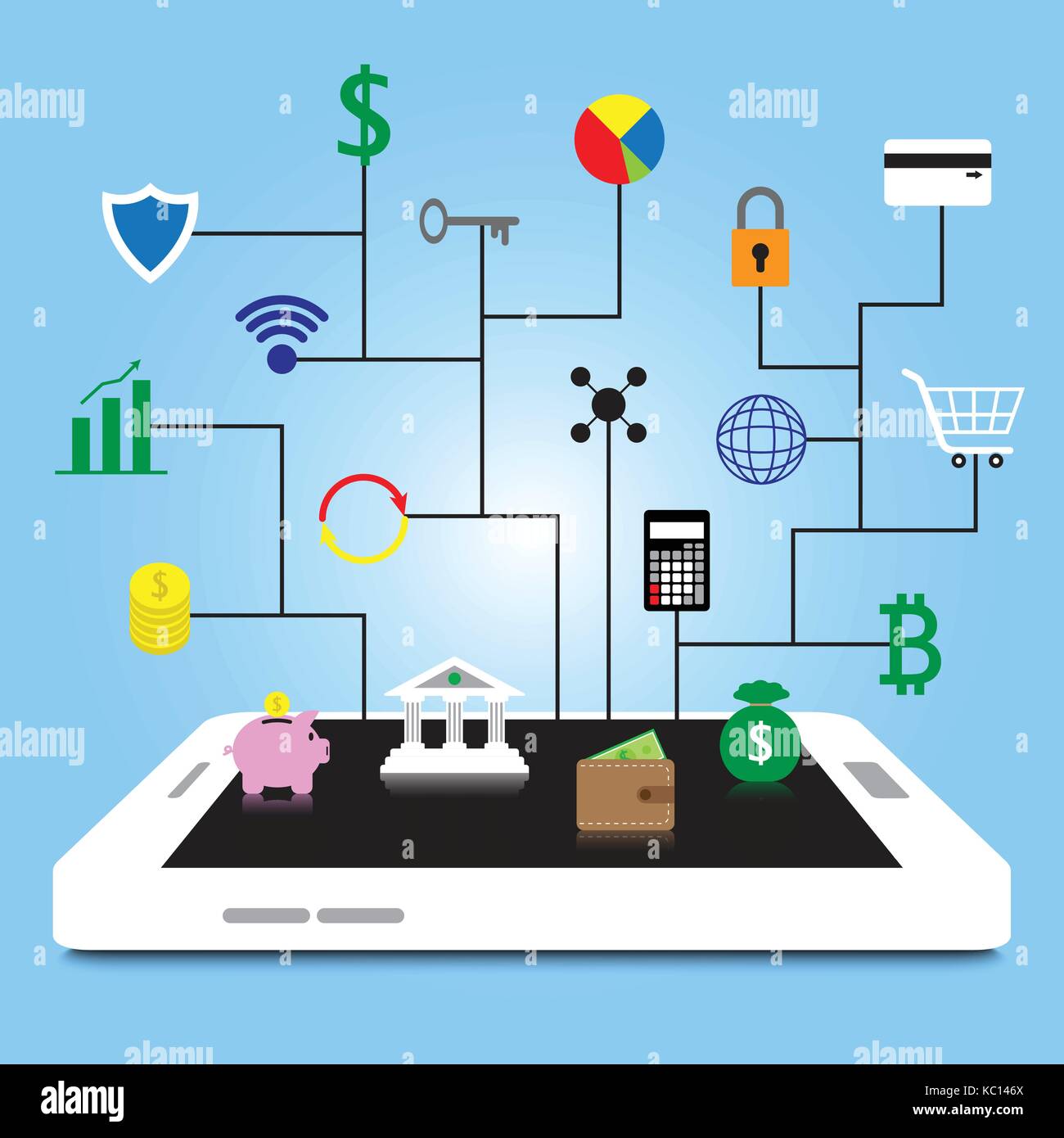 19 Fintech Colorful Icons Are Connected To White Smartphone By Black ...