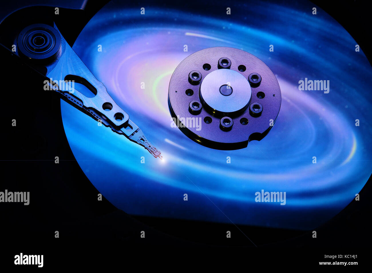 Open Hard Disk Drive of computer, with future color effects. background ...