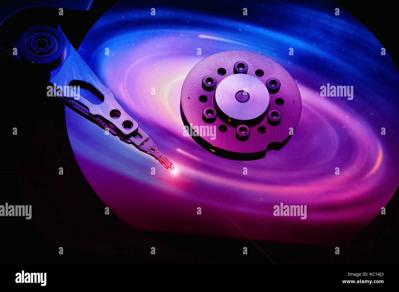 Open Hard Disk Drive of computer, with future color effects. background ...