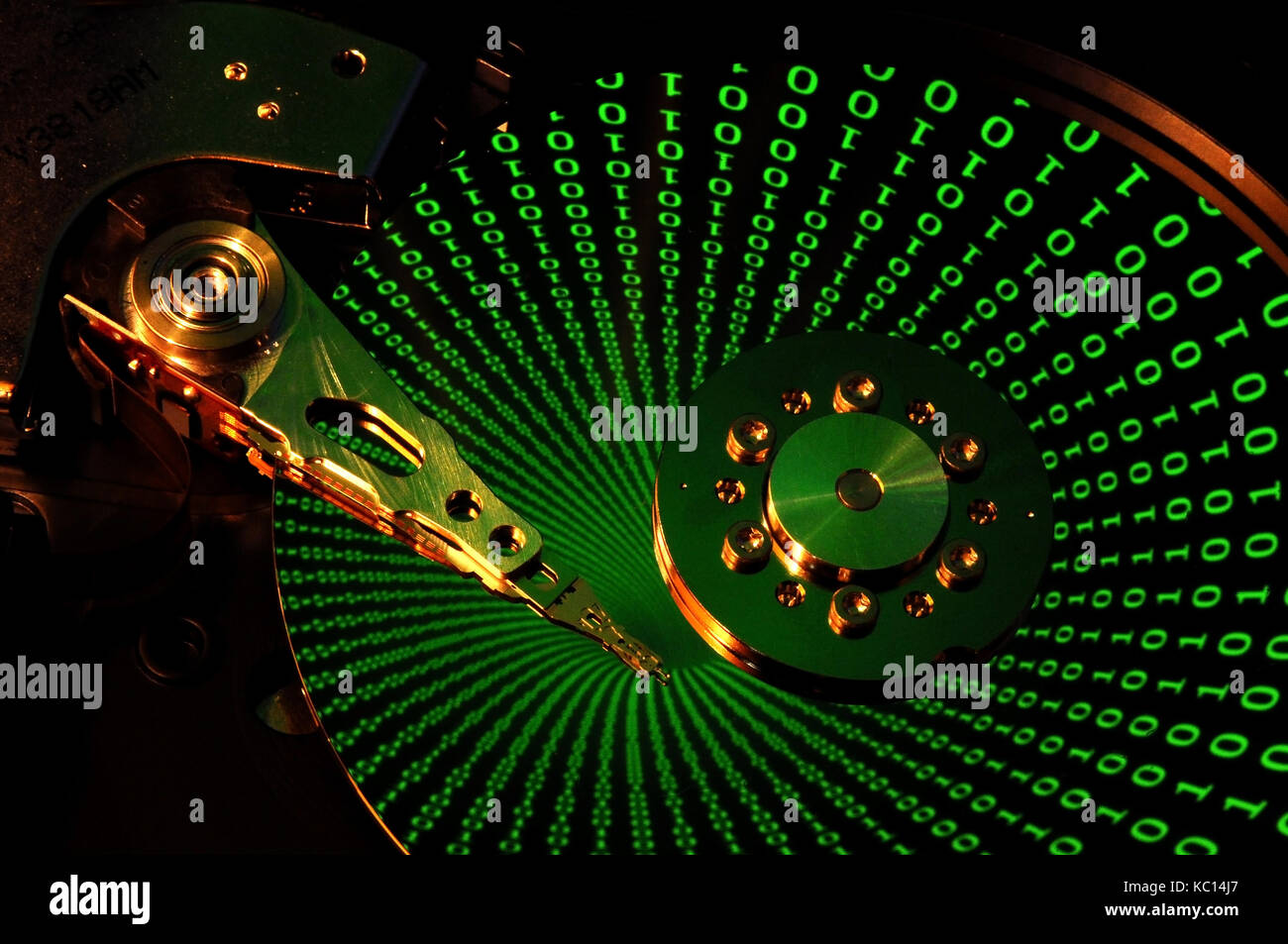 close up of open hard disk with binary effects Stock Photo - Alamy