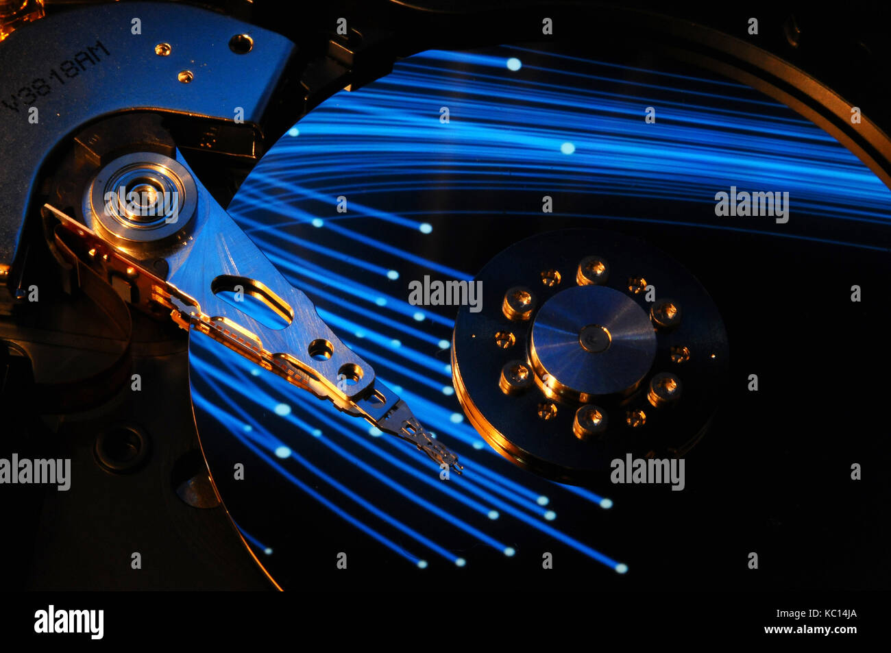 Open Hard Disk Drive of computer, with future color effects. background ...