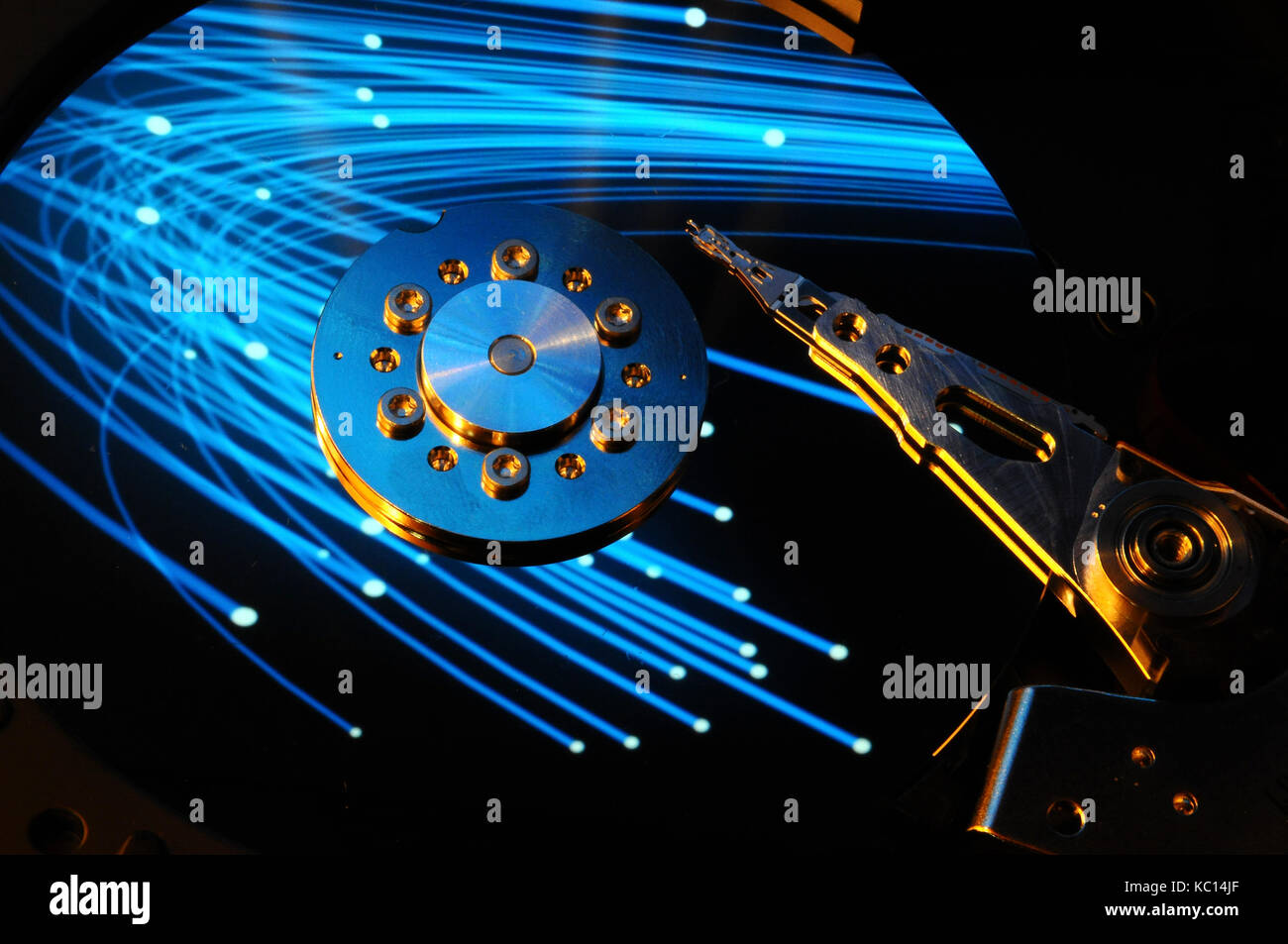 Open Hard Disk Drive of computer, with future color effects. background ...
