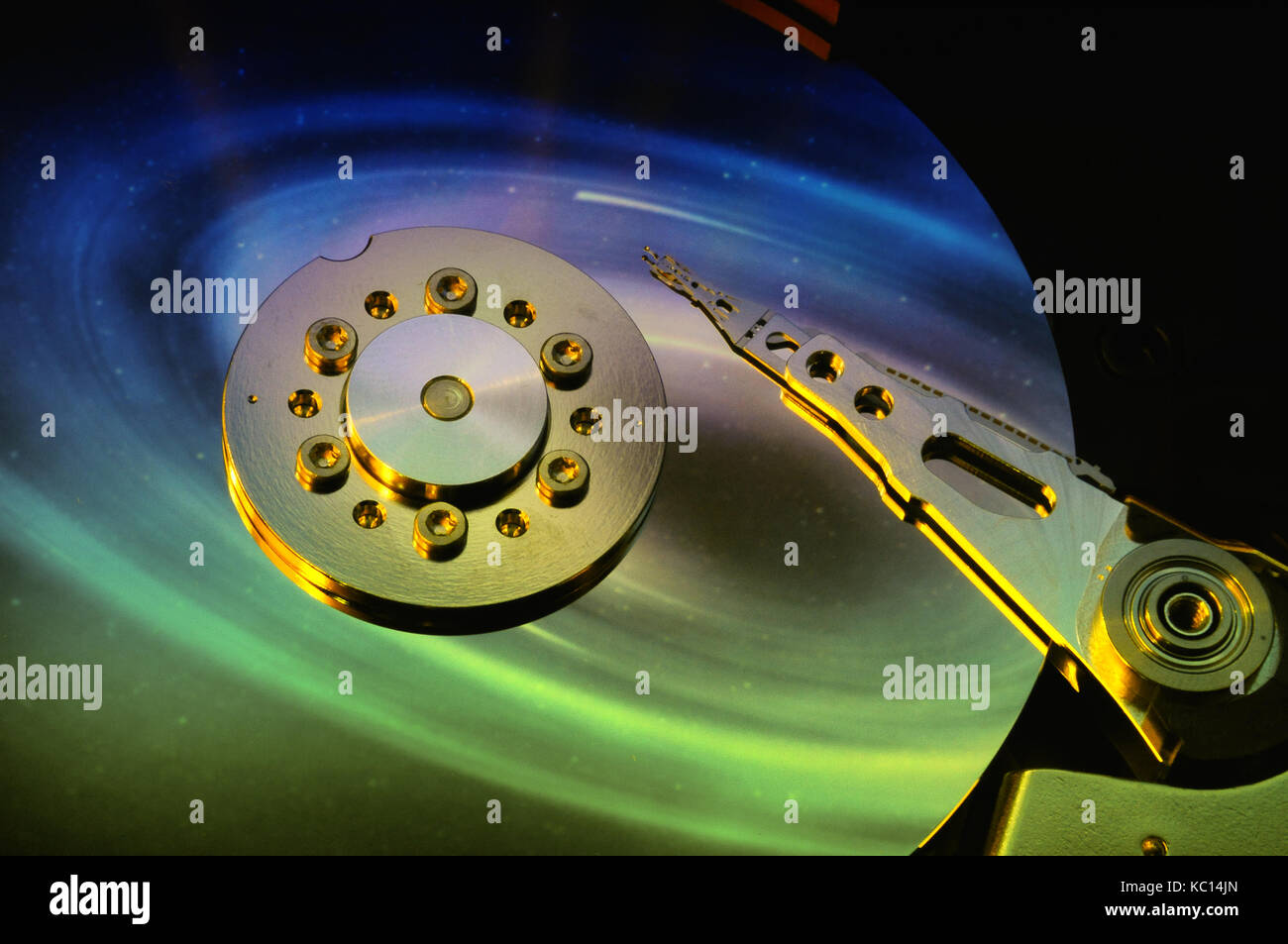 Open Hard Disk Drive of computer, with future color effects. background ...