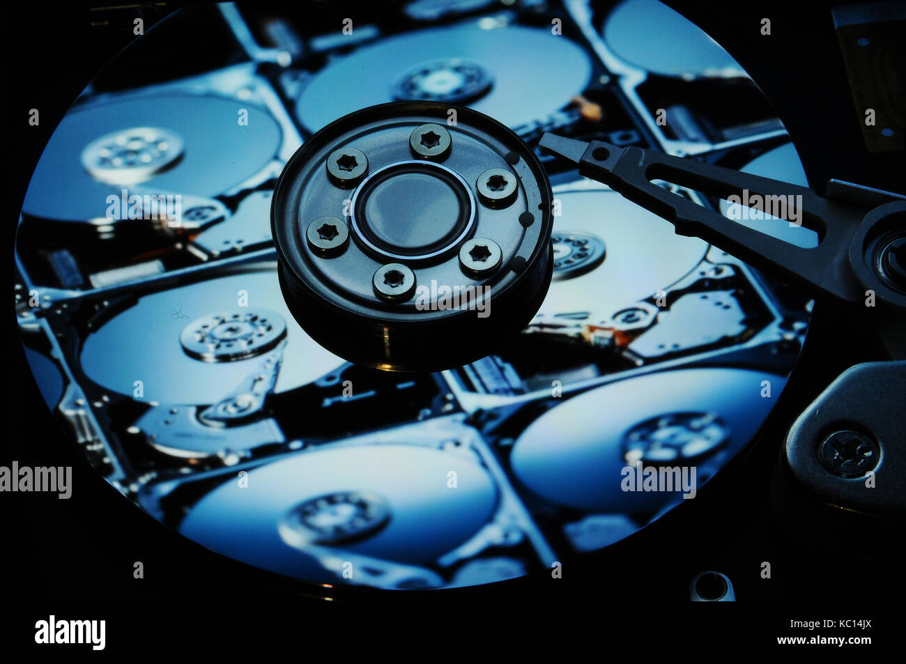 Open Hard Disk Drive of computer, with future color effects. background ...