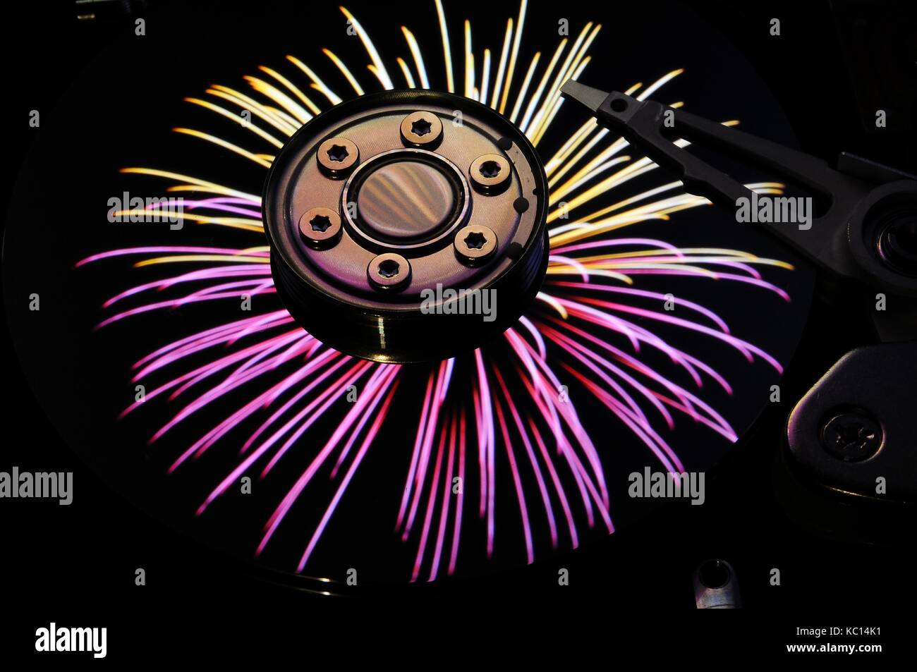 Open Hard Disk Drive of computer, with future color effects. background ...