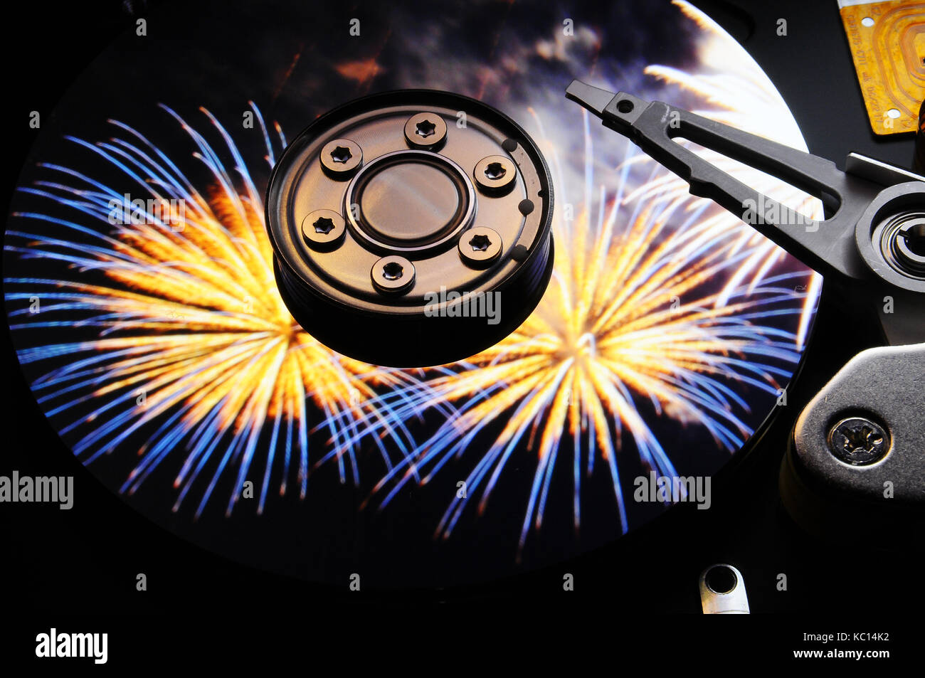 Open Hard Disk Drive of computer, with future color effects. background ...