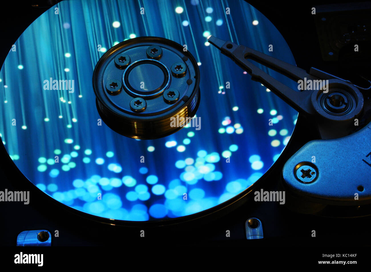 Open Hard Disk Drive of computer, with future color effects. background ...