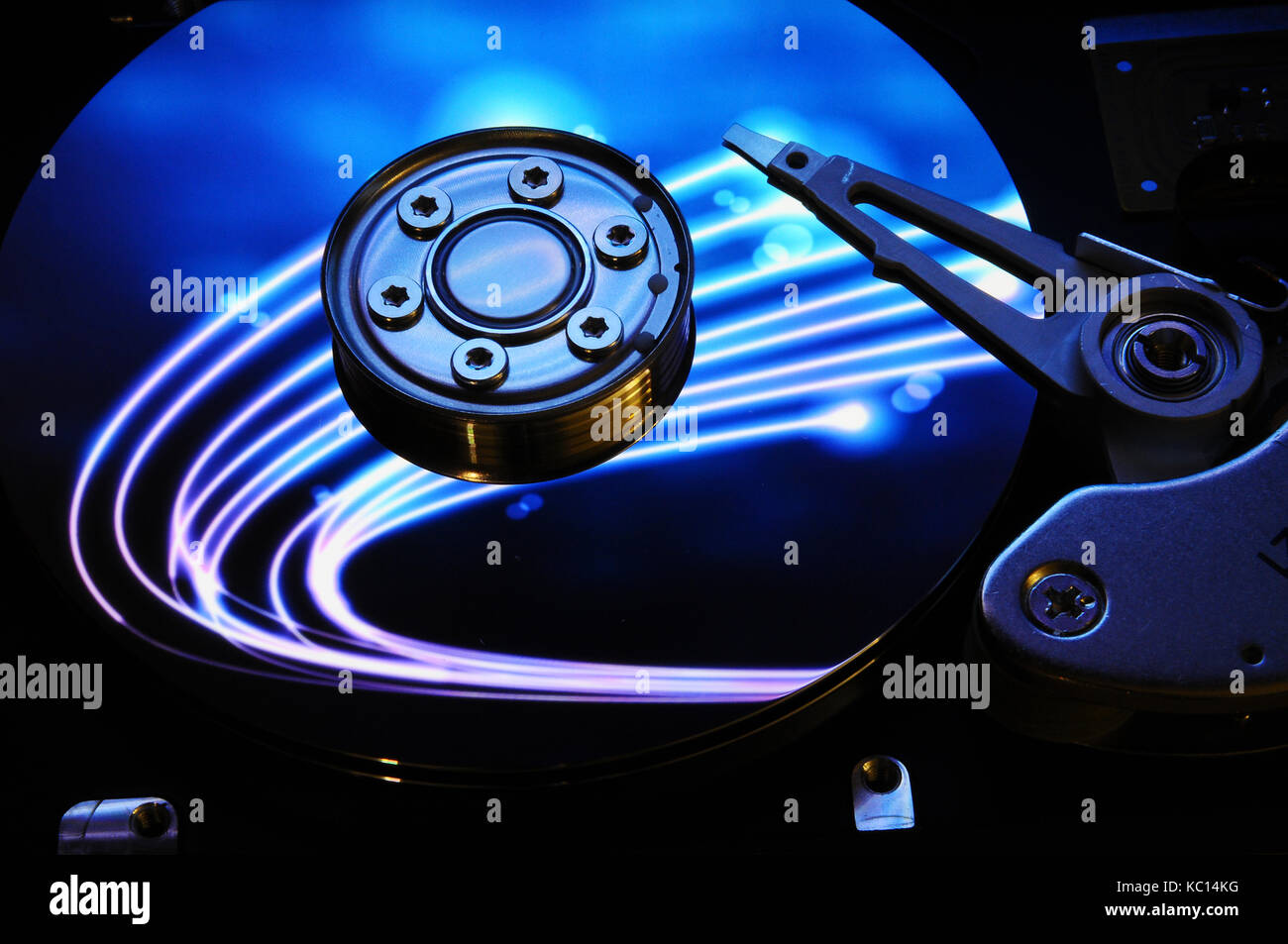 Open Hard Disk Drive of computer, with future color effects. background ...