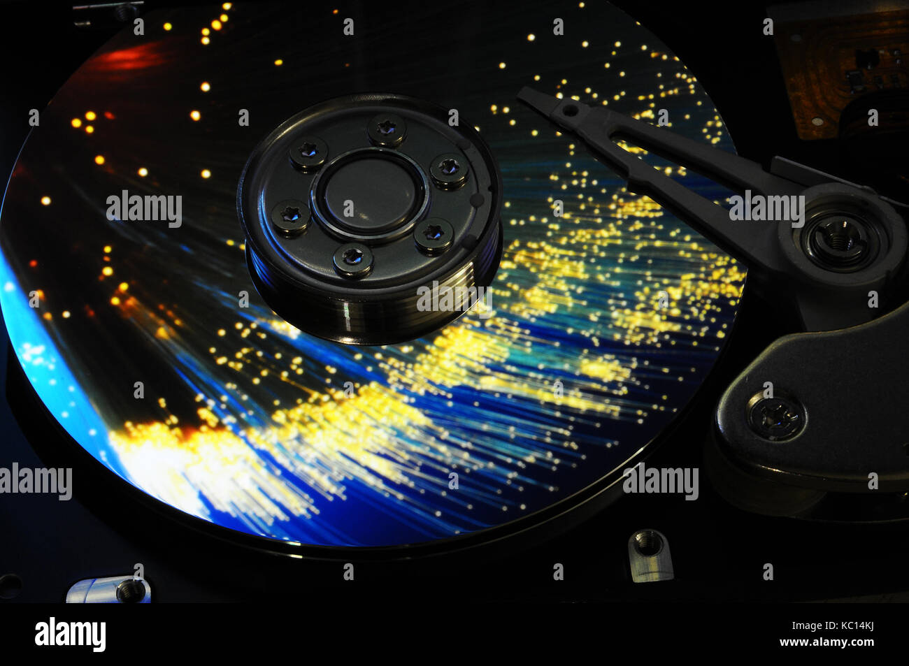 Open Hard Disk Drive of computer, with future color effects. background ...