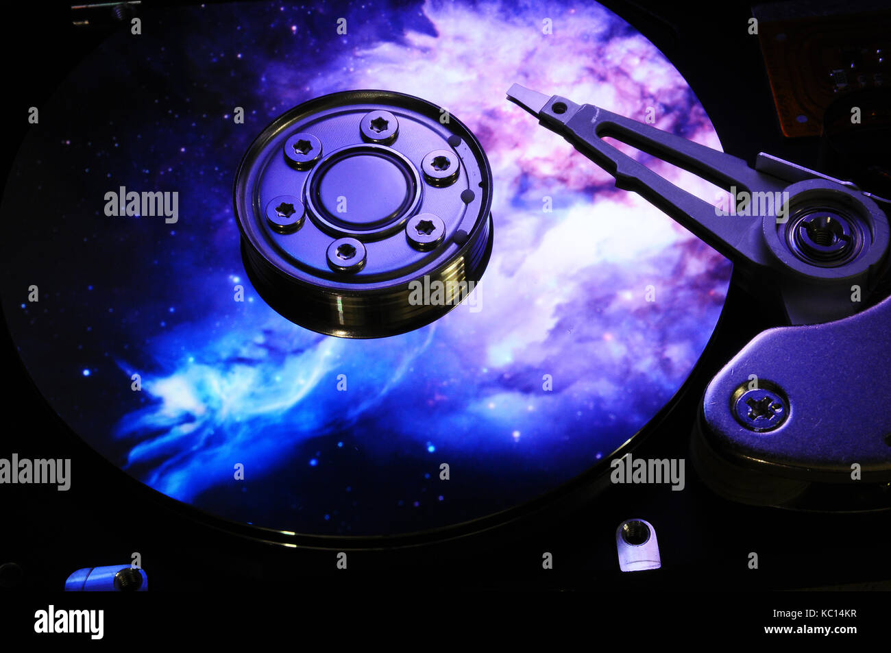 Open Hard Disk Drive of computer, with future color effects. background ...