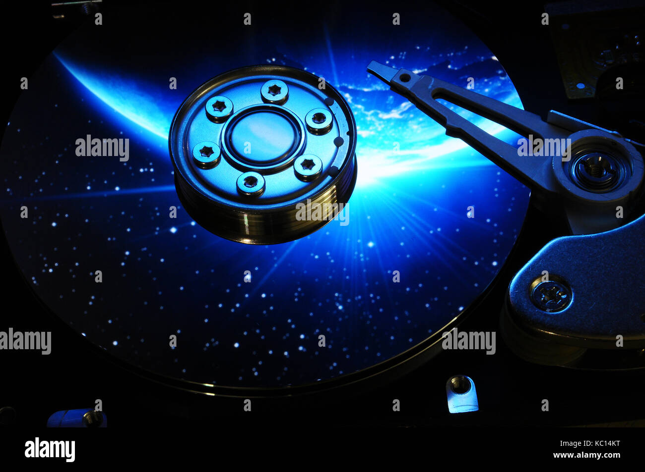 Open Hard Disk Drive of computer, with future color effects. background ...