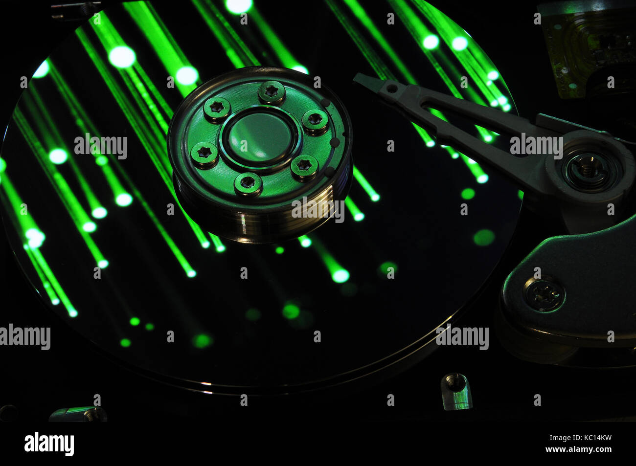 Open Hard Disk Drive of computer, with future color effects. background ...