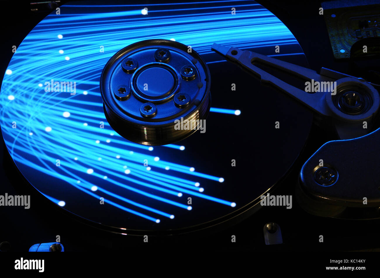 Open Hard Disk Drive of computer, with future color effects. background ...