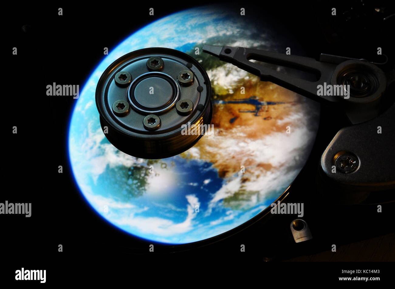 Open Hard Disk Drive of computer, with future color effects. background ...