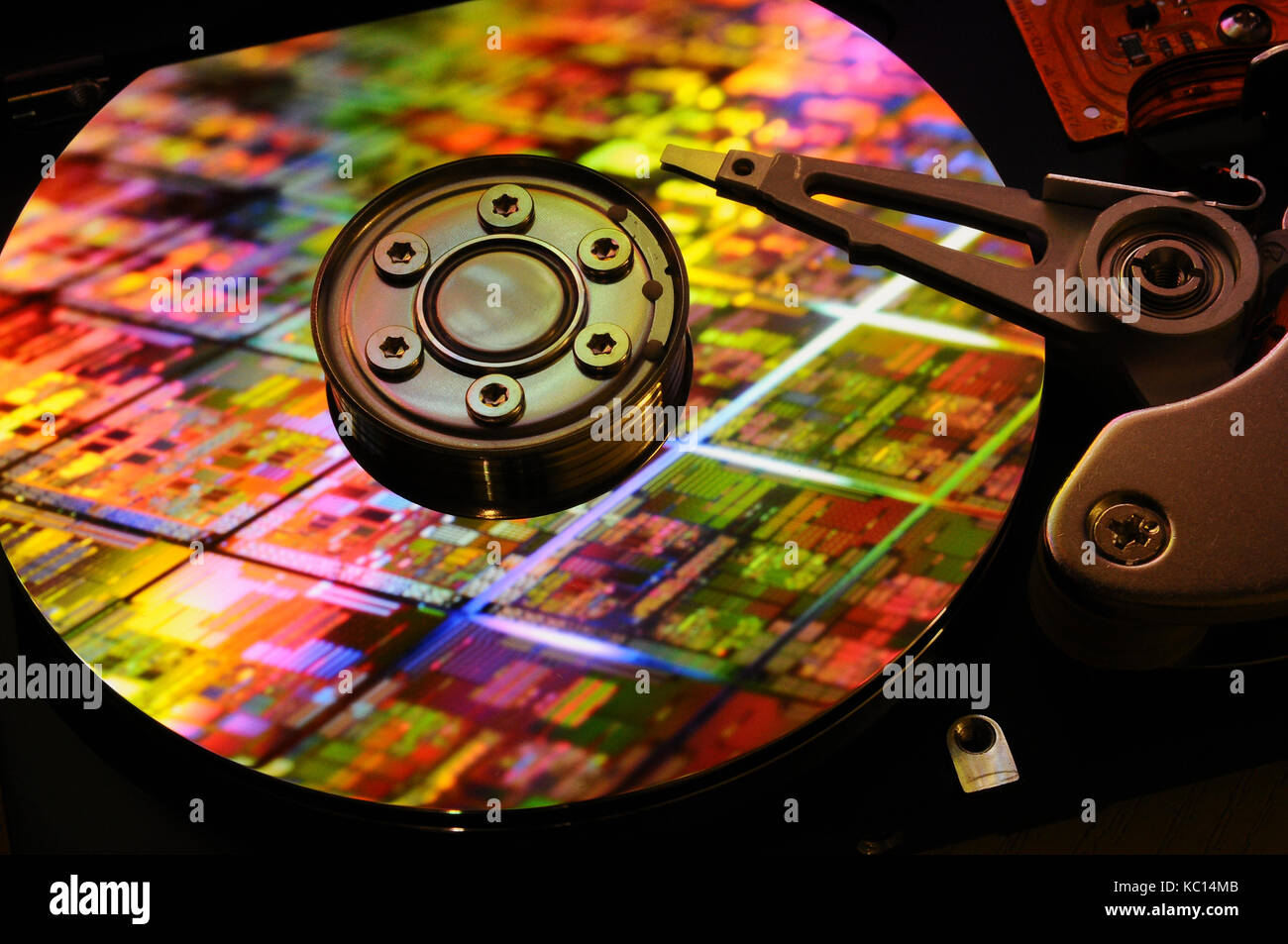 Open Hard Disk Drive of computer, with future color effects. background ...