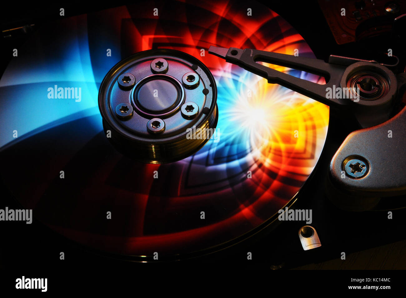 Open Hard Disk Drive of computer, with future color effects. background ...