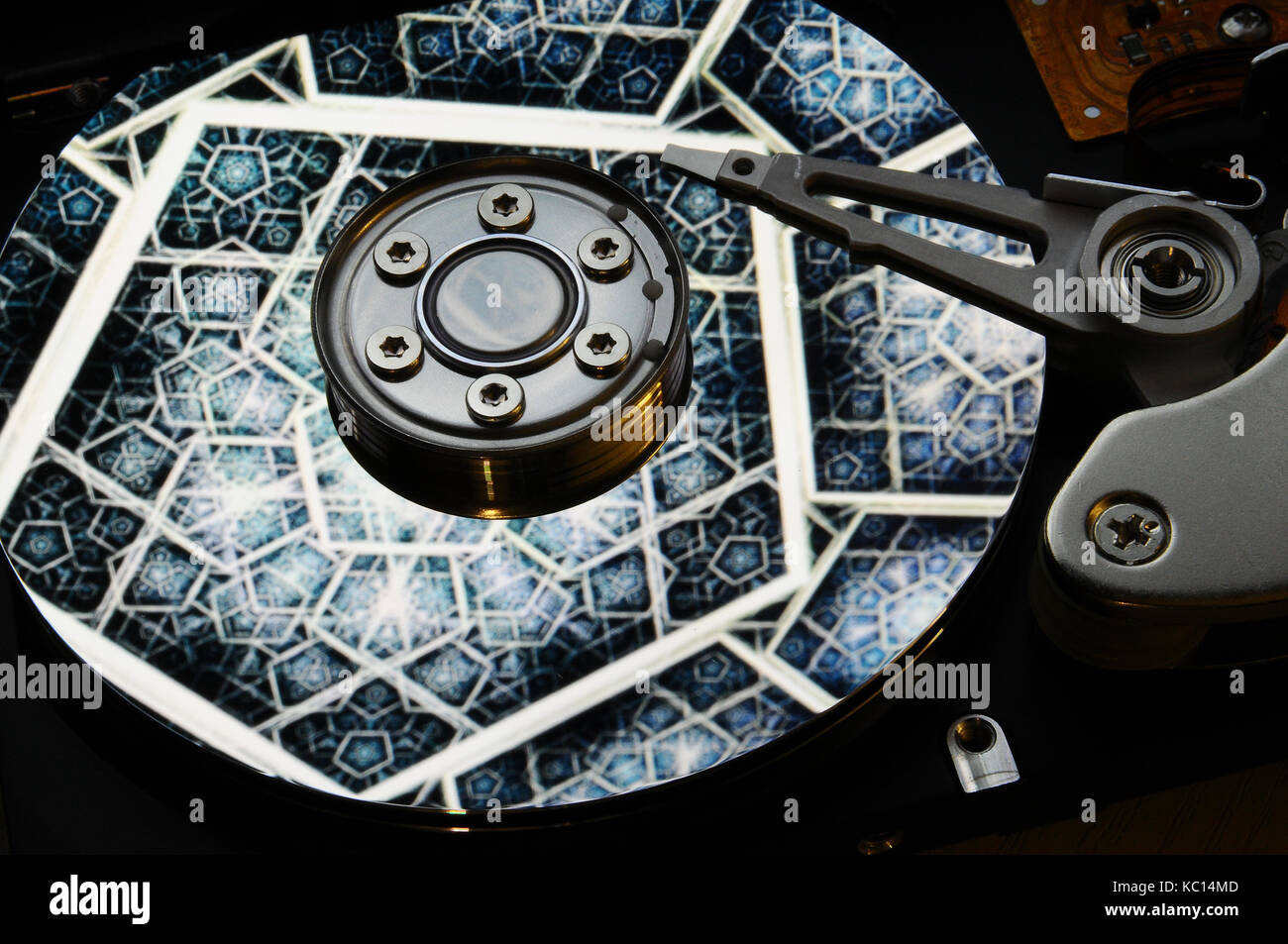 Open Hard Disk Drive of computer, with future color effects. background ...