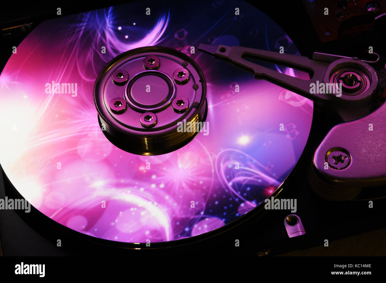 Open Hard Disk Drive of computer, with future color effects. background ...