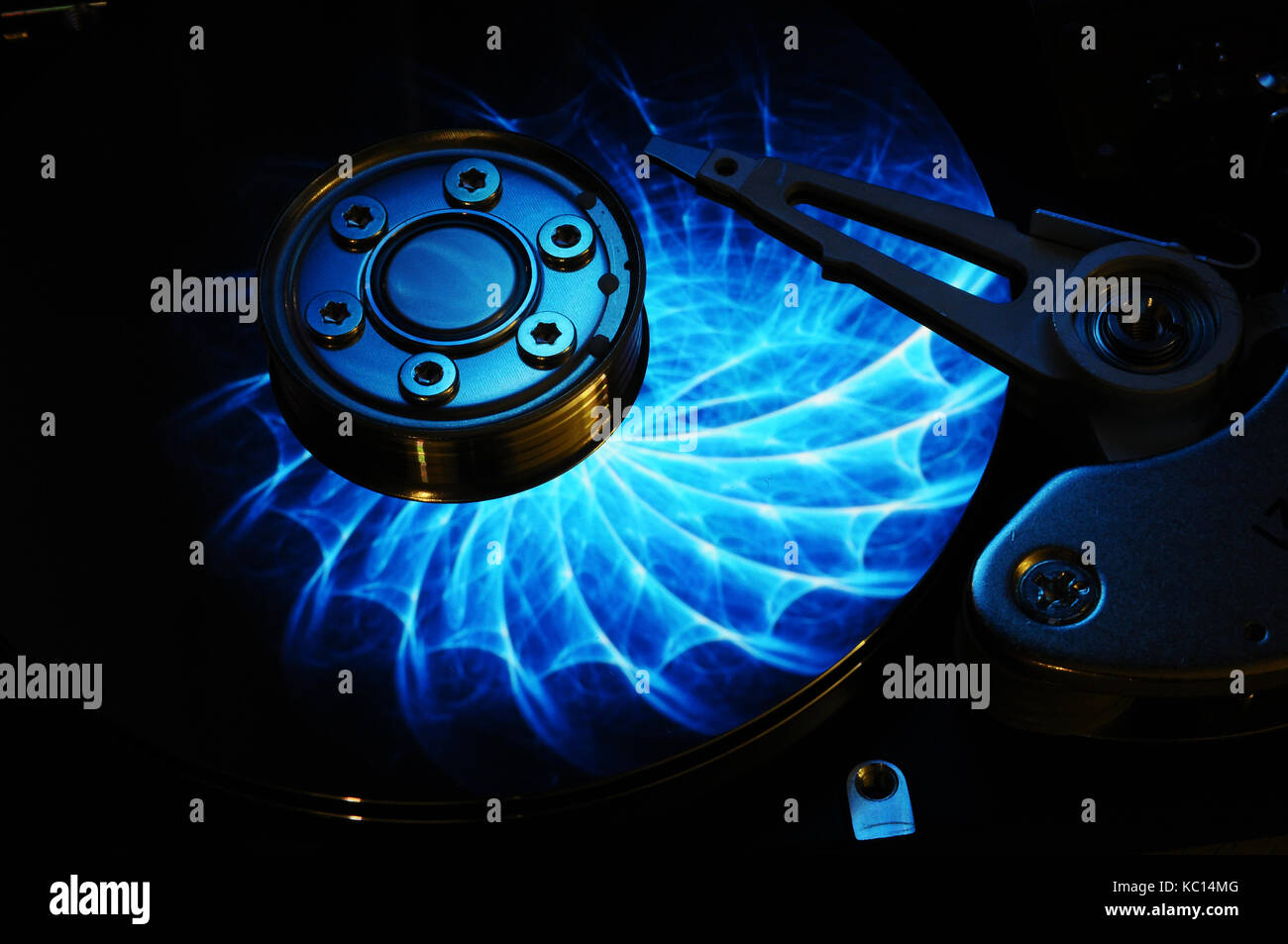 Open Hard Disk Drive of computer, with future color effects. background ...