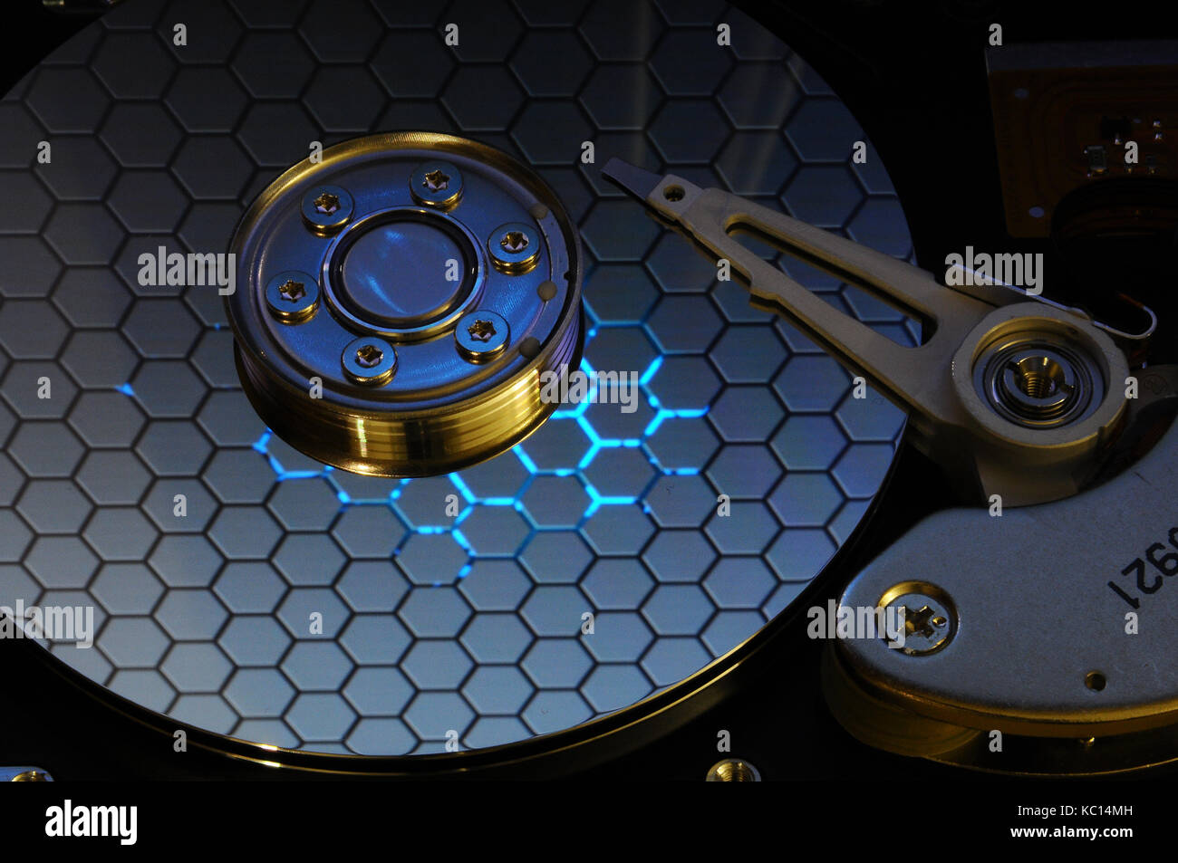 Open Hard Disk Drive of computer, with future color effects. background ...