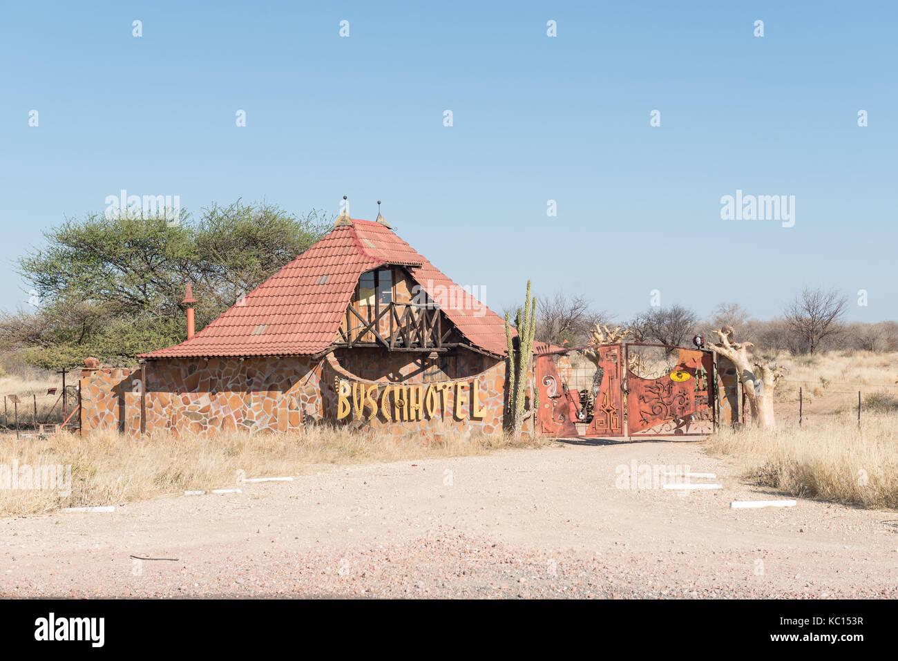 OKAHANDJA, NAMIBIA - JULY 3, 2017: The entrance gate of the Busch Hotel ...