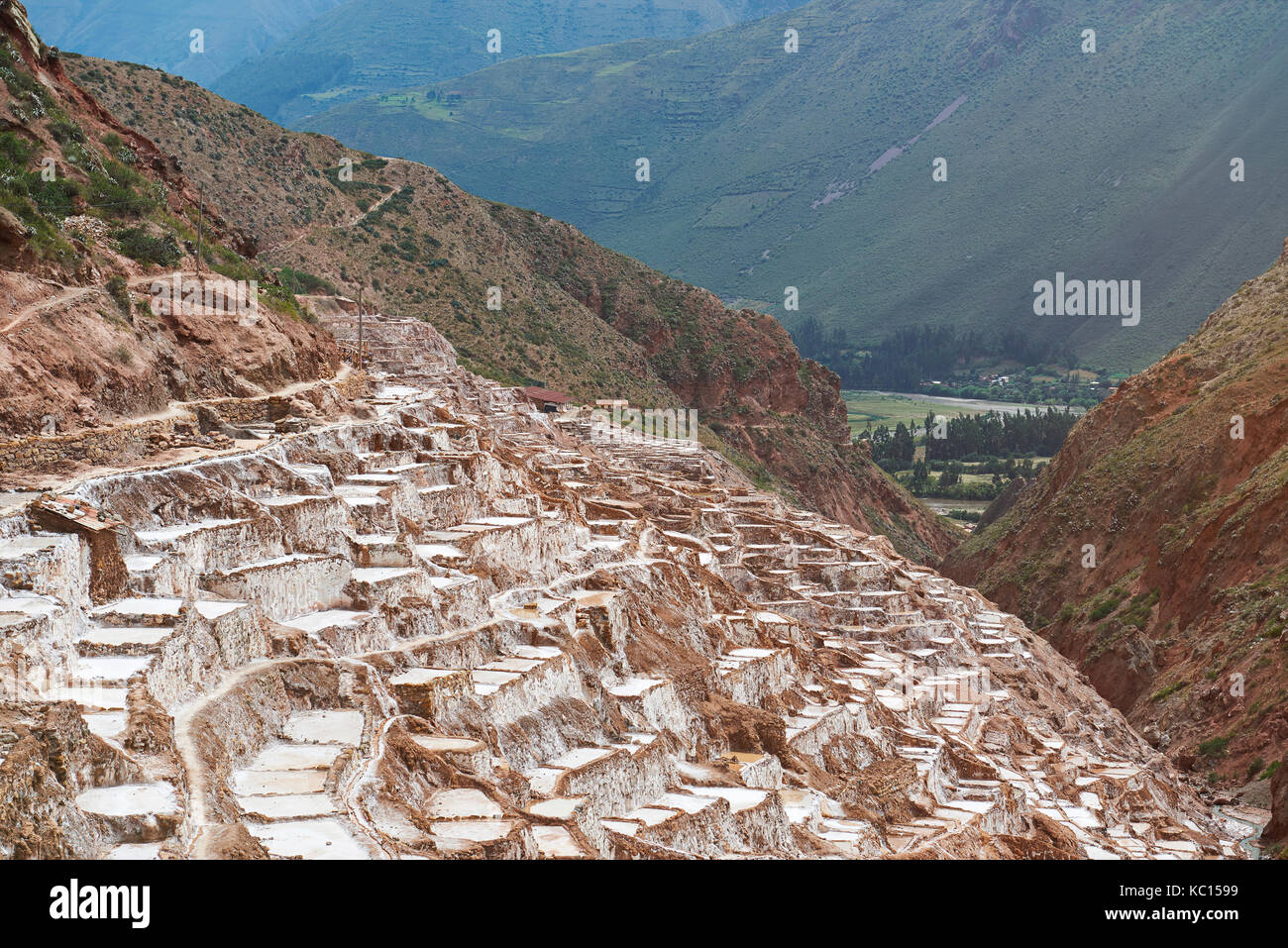Panoramic view on salt pools in Cusco Peru. Salt maras valley Stock ...