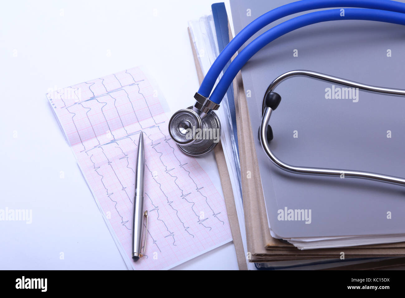 Closeup Folder file, stethoscope on a rx prescription, red heart and ...