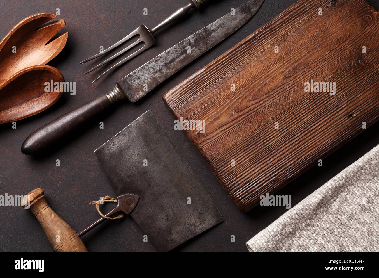 Old vintage kitchen utensils on stone table. Top view Stock Photo - Alamy