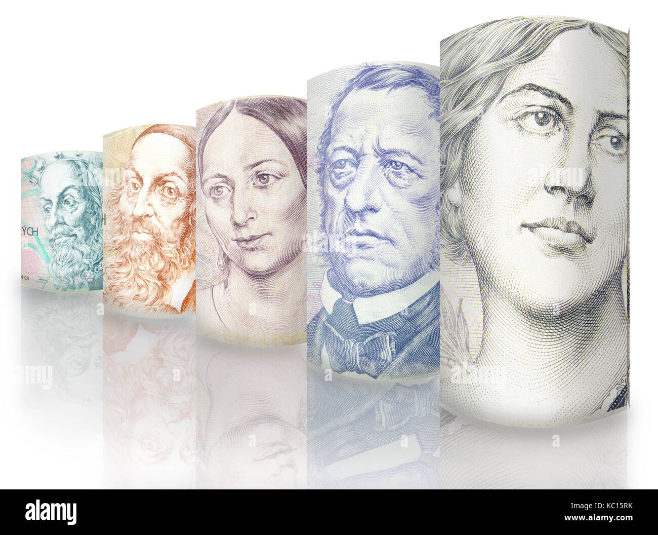 Different money bills standing next to each other forming a row that is ...