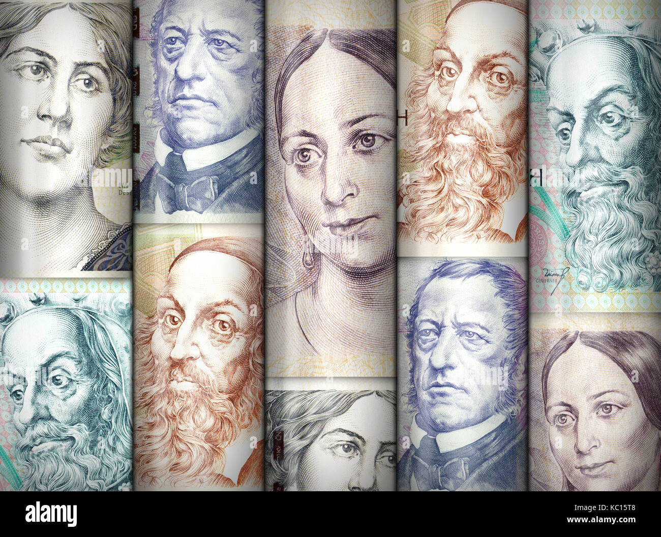 Different money bills stacke over each other forming a money wall Stock ...