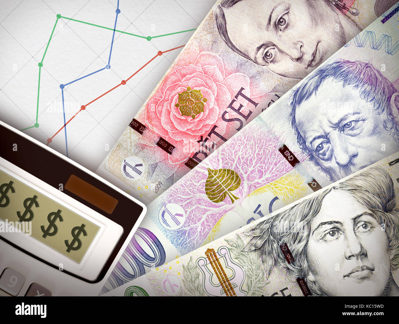 Three money bills in front of sheet of paper with a graph on it ...