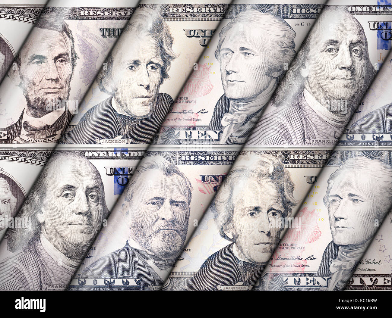 Different money bills stacked over each other forming a money ...