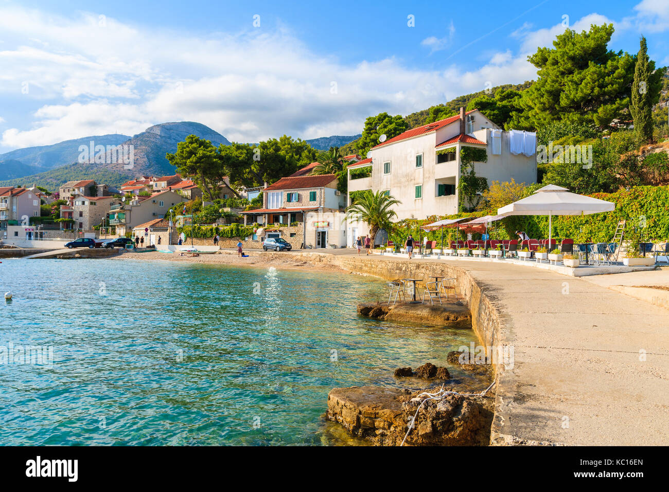 BOL TOWN, CROATIA - SEP 8, 2017: View of houses and coastal restaurants ...