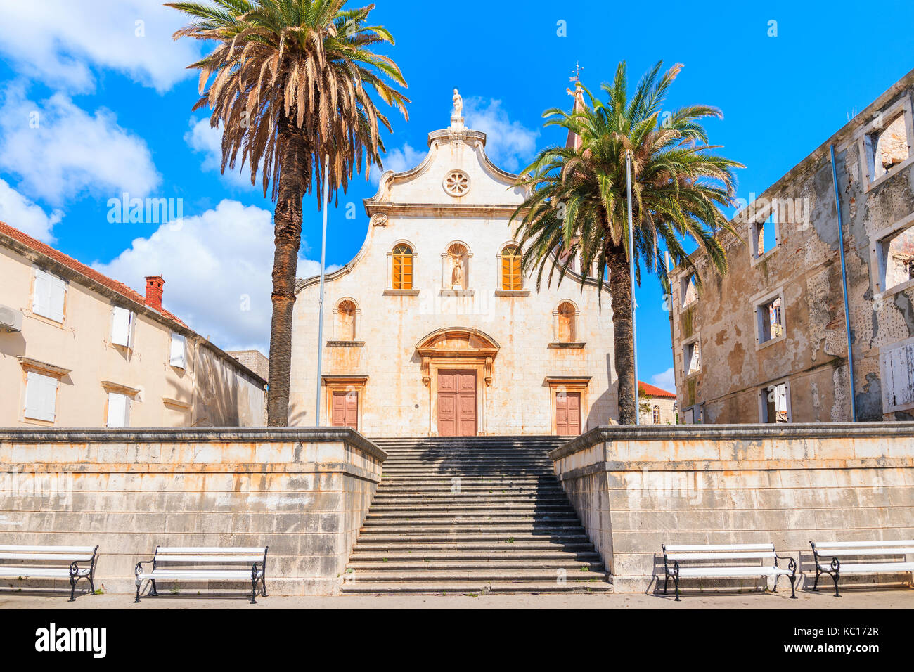 Front view of church in Milna town in afternoon sunlight, Brac island ...