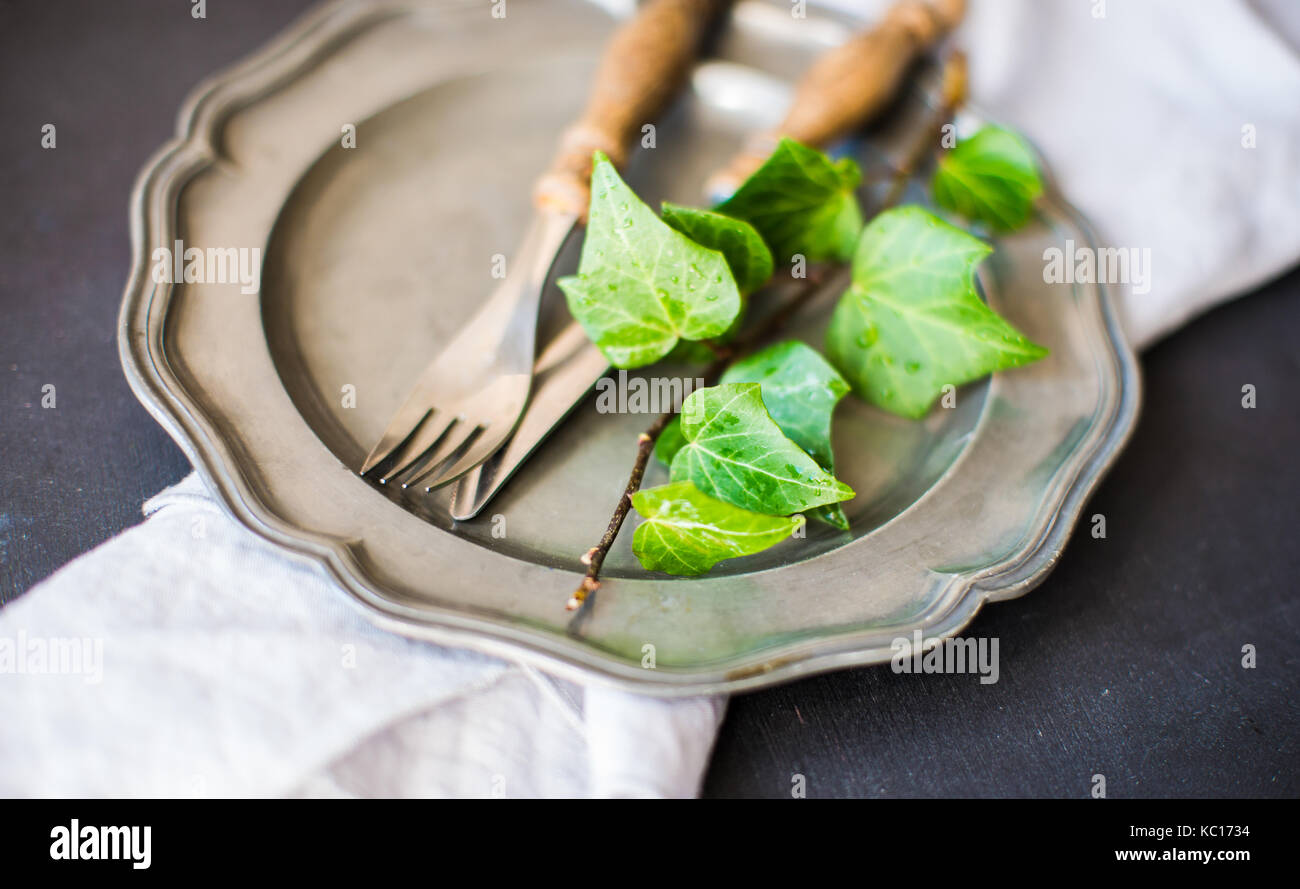 Rustic table setting with vintage ceramic plates and branch of ivy ...