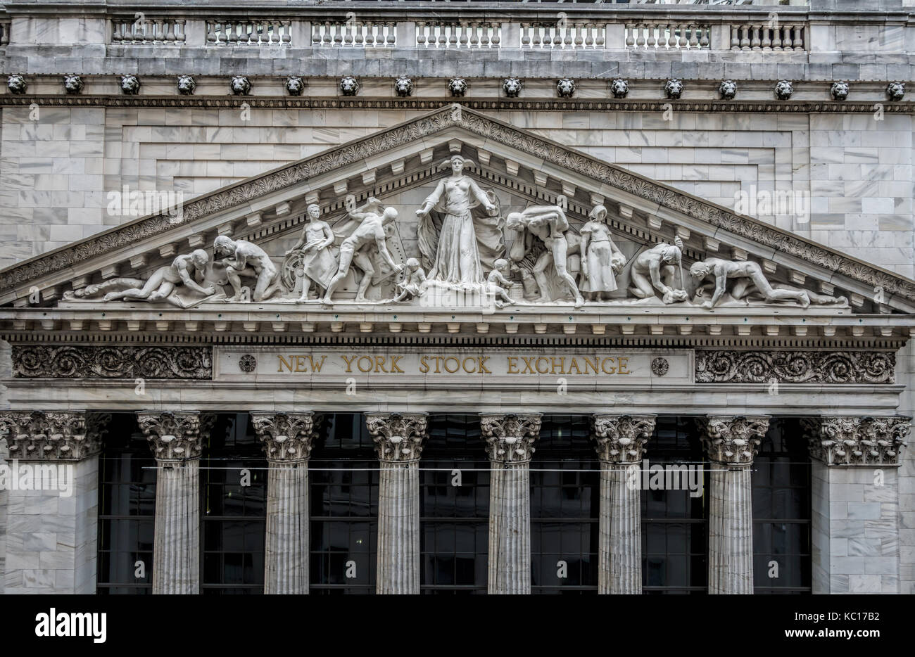 Closeup of the limestone pediment on the facade of the New York Stock ...