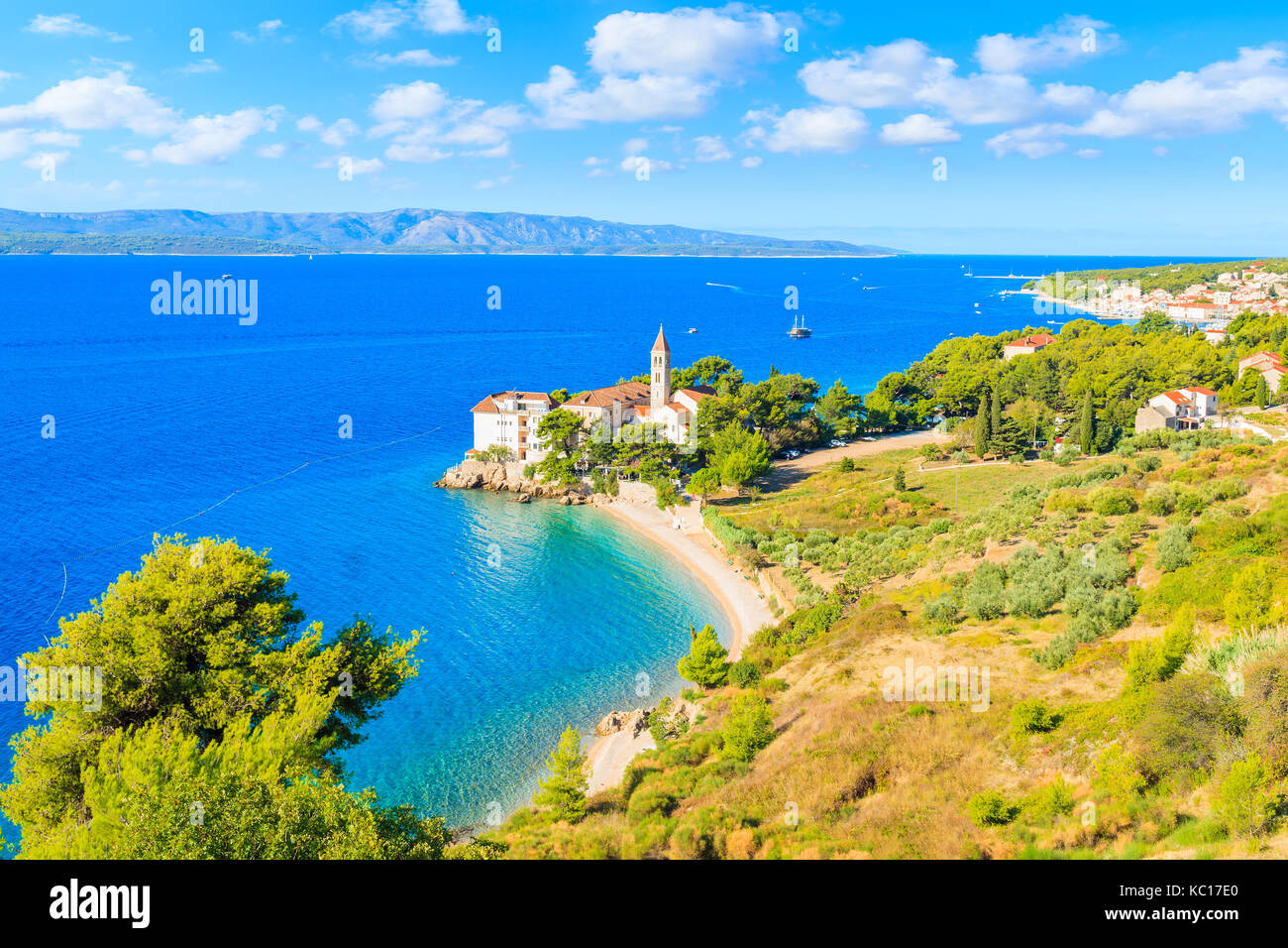 View of beautiful bay with beach and Dominican monastery in Bol town ...