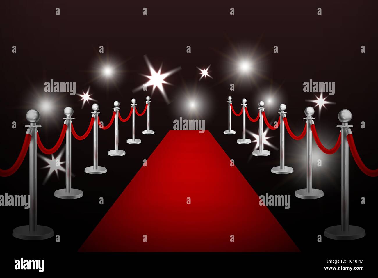 Realistic vector red event carpet , silver barriers and flashes. Design ...