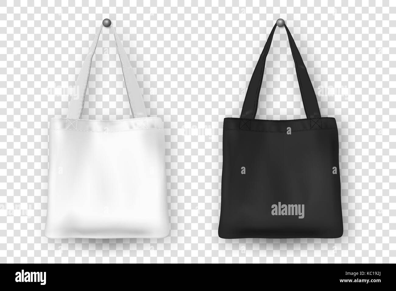 Realistic vector black and white empty textile tote bag icon set ...