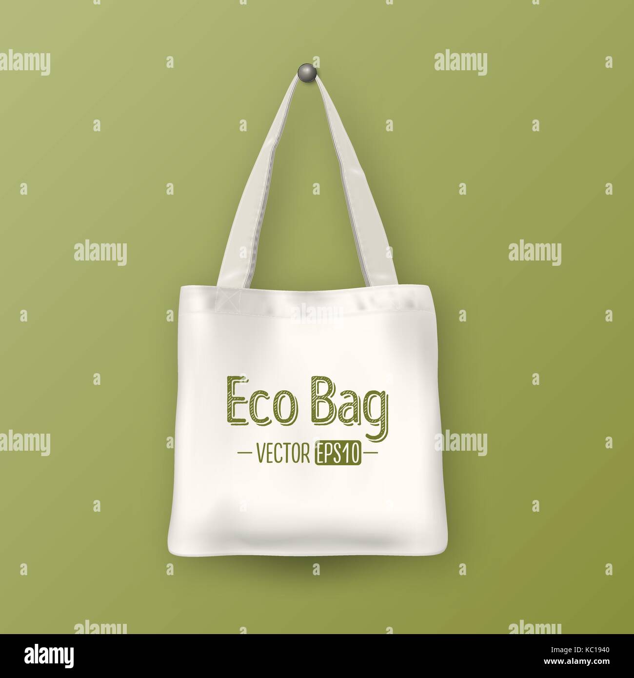 Realistic vector white empty textile tote bag. Closeup on green ...