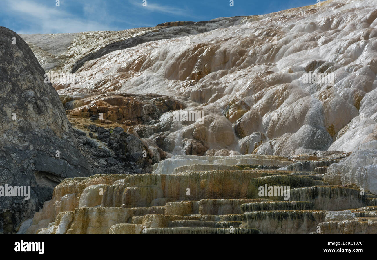 Flowing hot spring mineral water has build up and coated terraces of ...