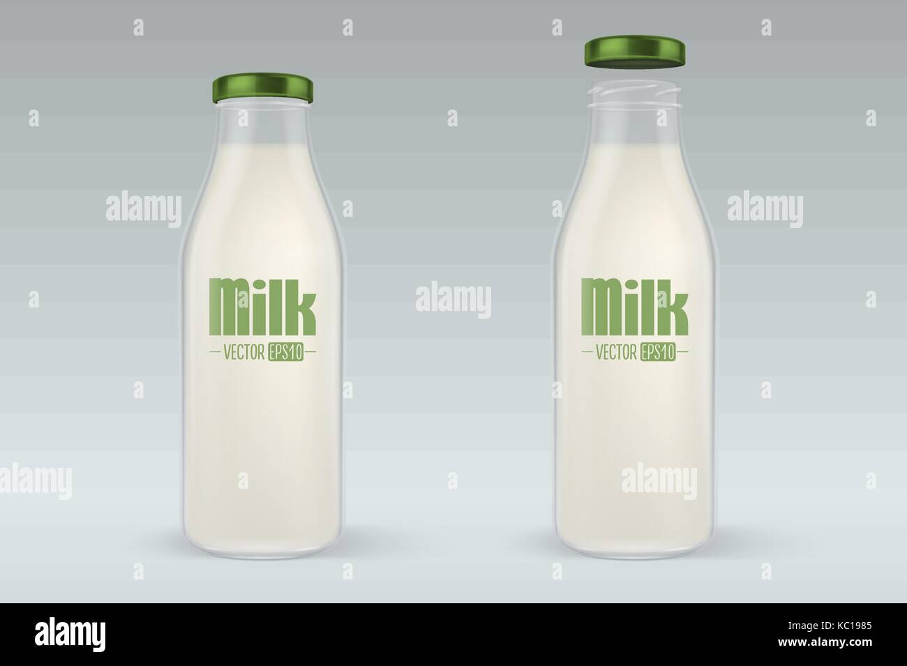 Vector realistic closed and open full glass milk bottle set with green ...